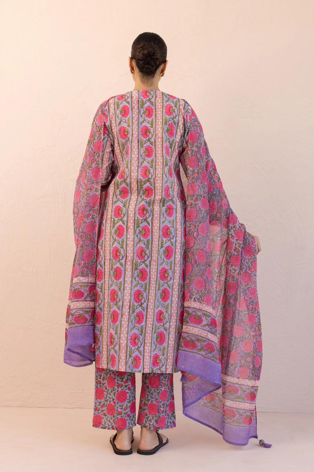 Pink purple COTTON BLOCK PRINT PARCHA BORDER KURTA SET IN MUTED LAVEND ...