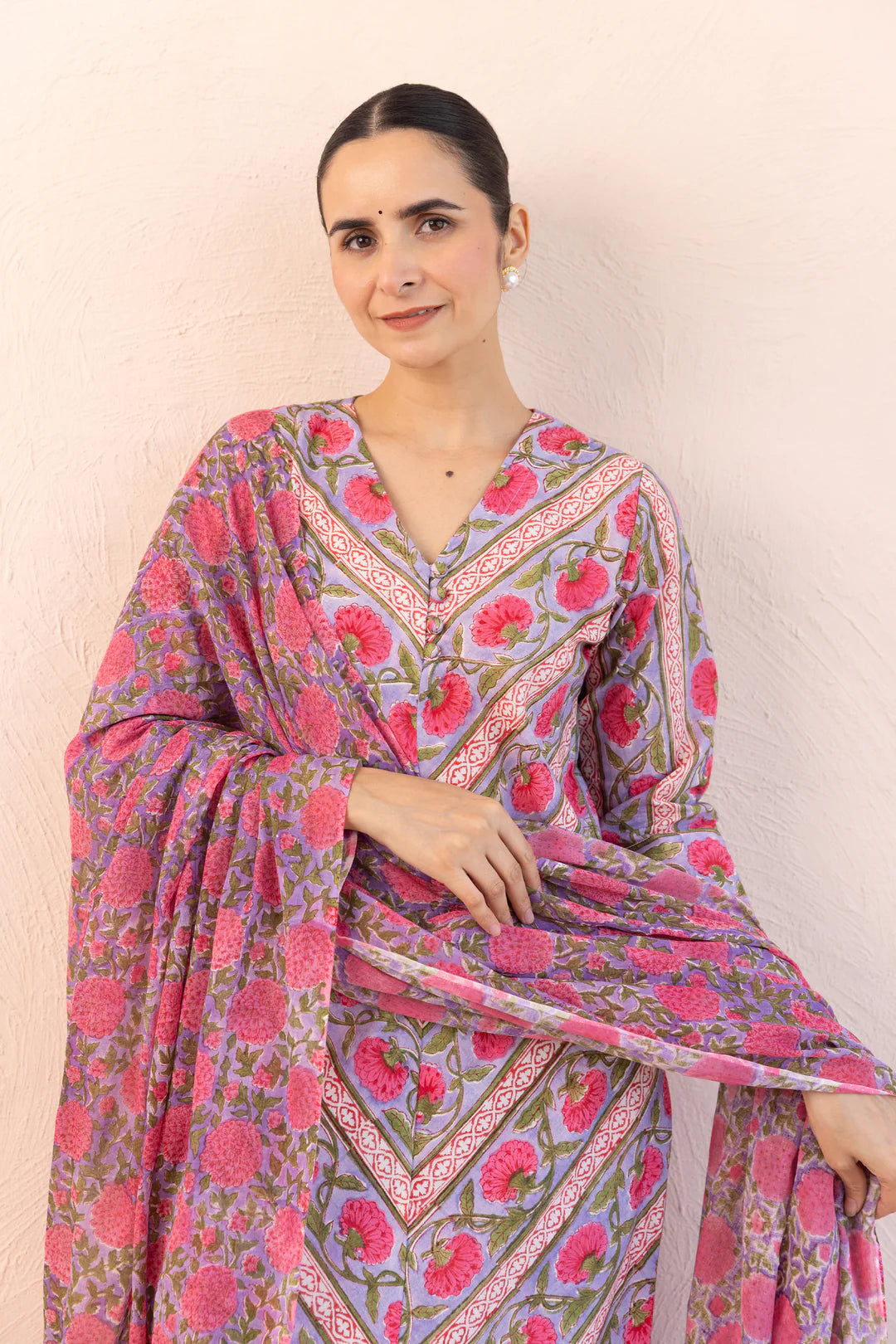 Pink purple COTTON BLOCK PRINT PARCHA BORDER KURTA SET IN MUTED LAVEND ...
